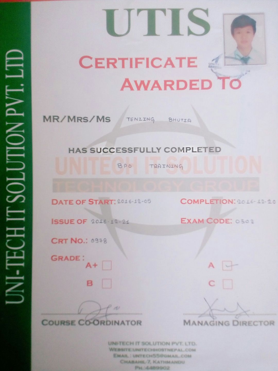 Tenzing Pejawa Lhomi's post on Goodwall - Certificate of BPO (Business ...