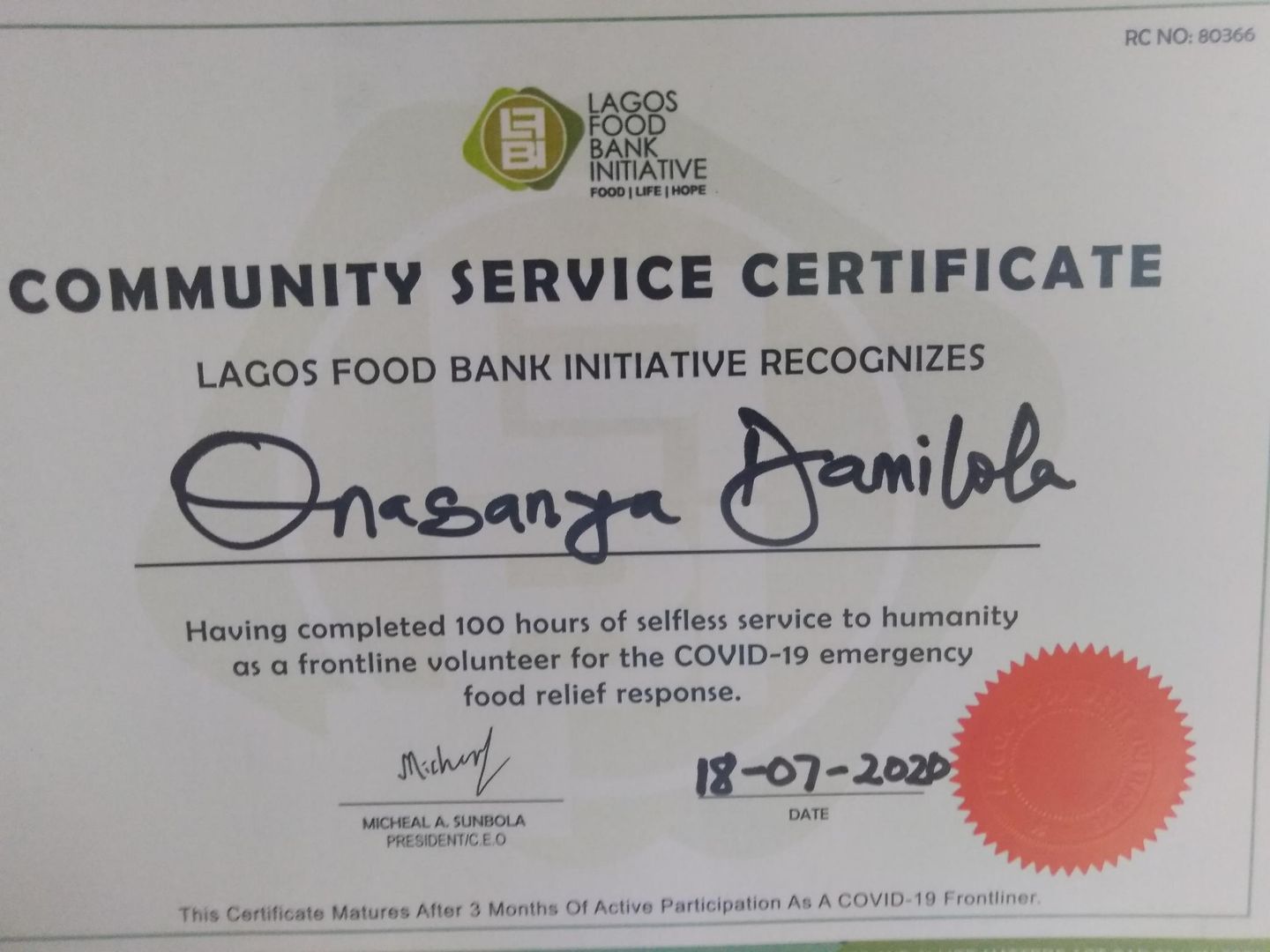 Community Service Certificate